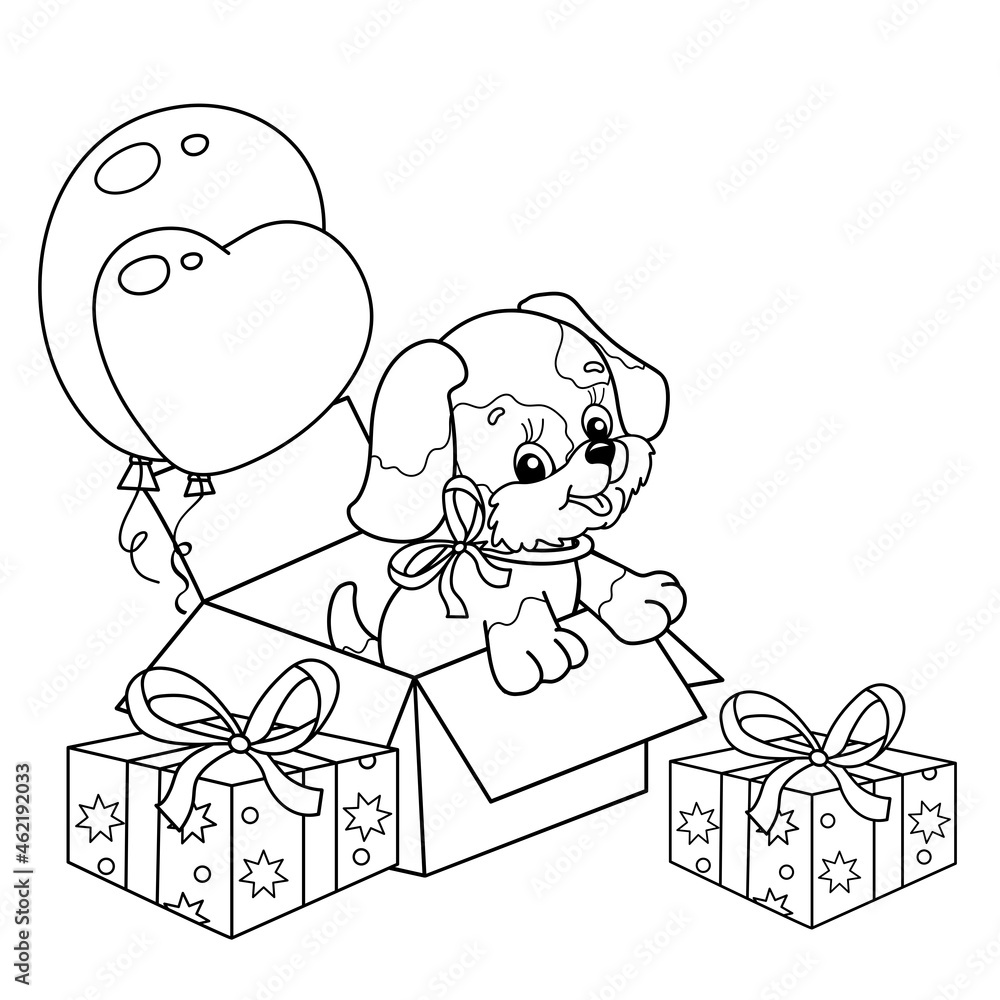 Vetor de Coloring Page Outline Of cartoon little dog with presents and ...