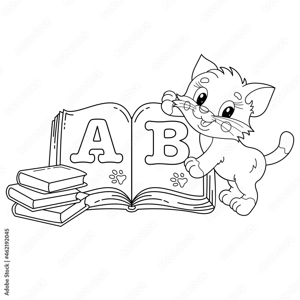 Coloring Page Outline Of cartoon little cat with school books. Cute ...