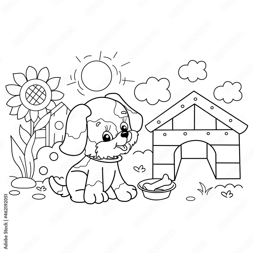 Coloring Page Outline Of cartoon little dog with dog house and bone ...