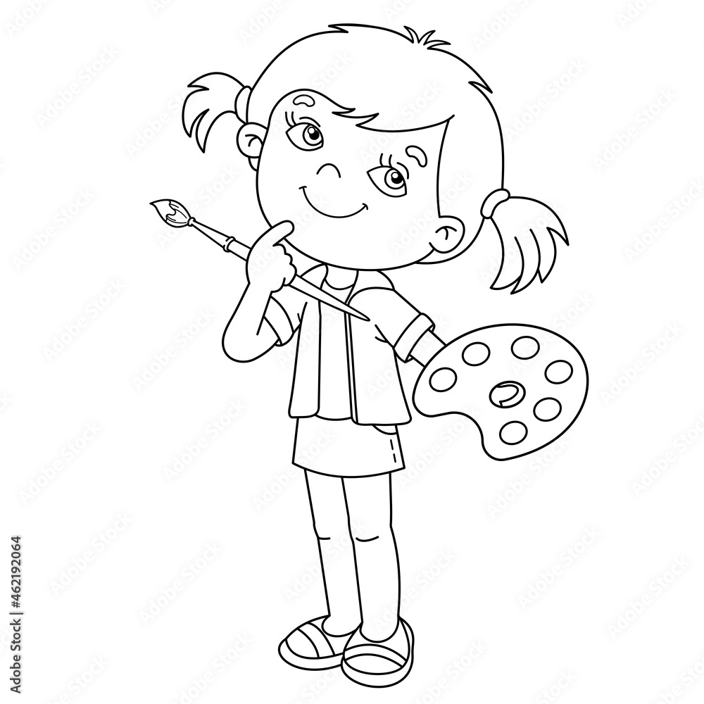 Coloring Page Outline Of cartoon girl with brush and paints. Little ...