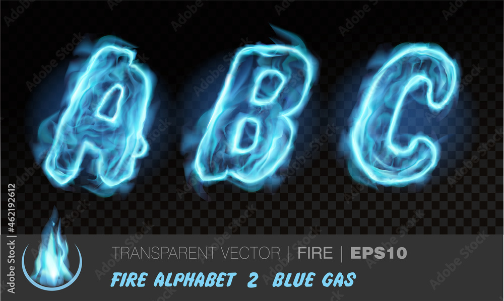 Alphabet of blue gas fire. Transparent realistic vector on dark ...