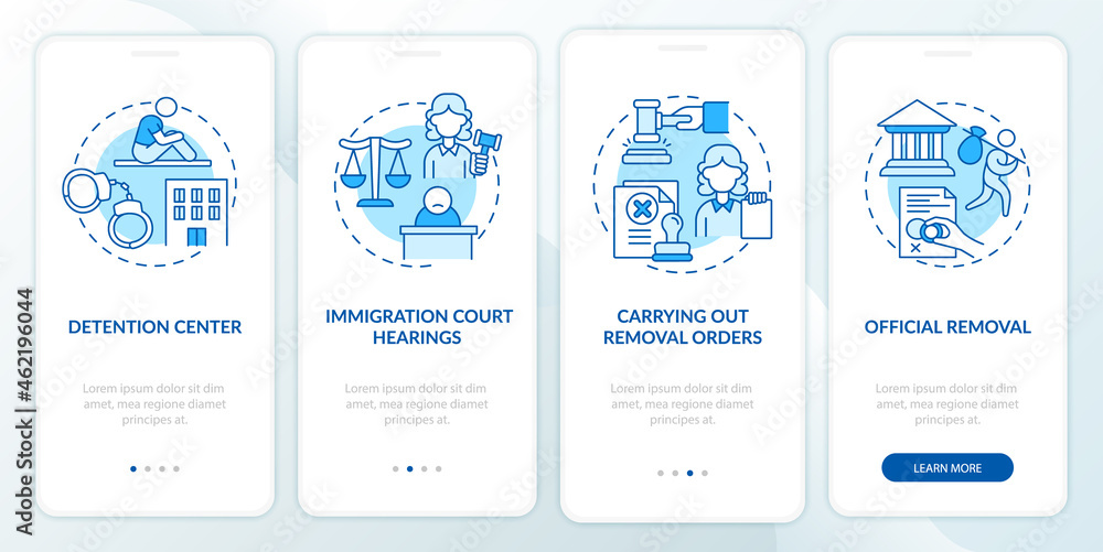 Deportation process blue onboarding mobile app page screen. Official removal walkthrough 4 steps ...