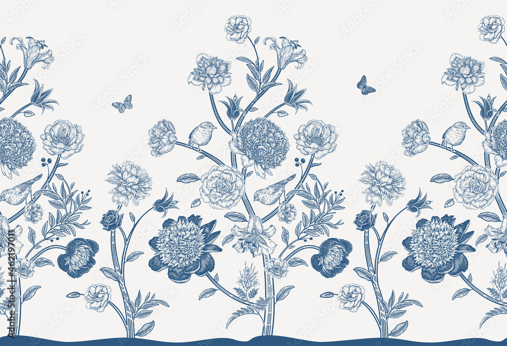 Floral Seamless pattern. Blooming fantastic trees. Chinoiserie style ...