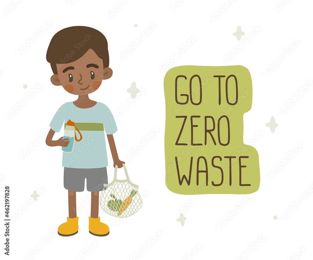 Cartoon young boy with shopper. Go to zero waste kids banner. Poster ...