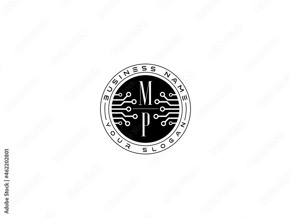 Technology MP Logo, Initial mp Technology Logo concept, round emblem ...