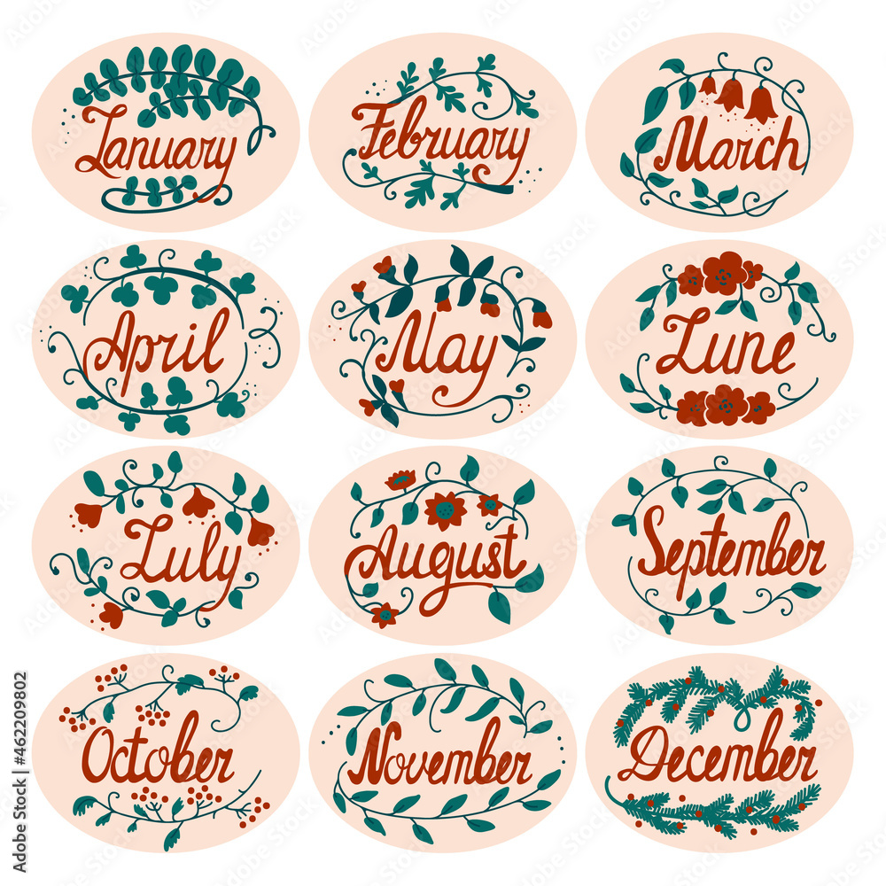 Vector illustration of months name in ellipse with floral elements ...