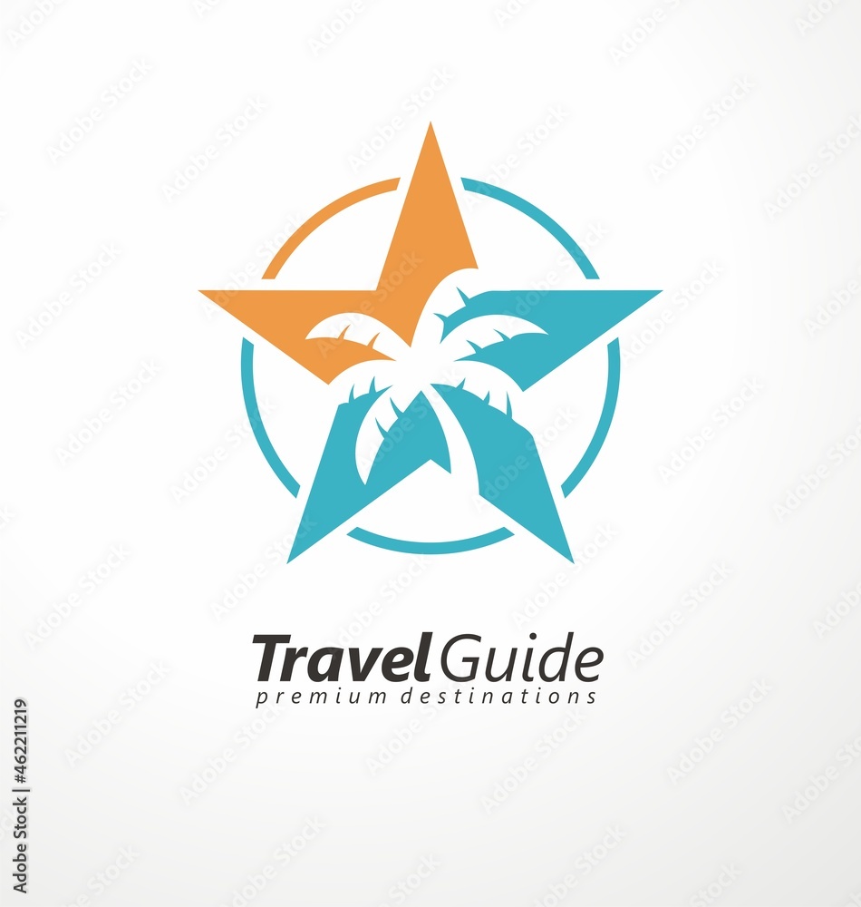 Travel guide logo idea with star shape and tropical palm tree in ...