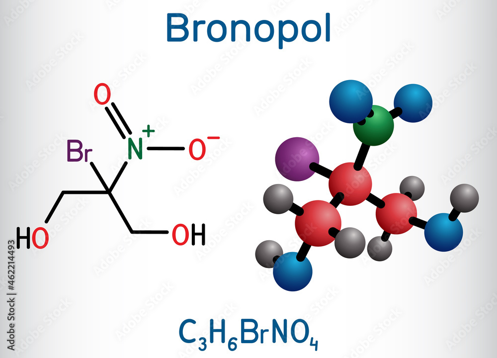 Bronopol molecule. It is preservative, is used as a microbicide or ...