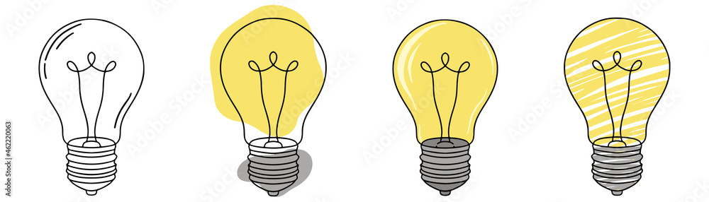 Lightbulb icons in doodle. Idea light bulb set in sketch. Hand drawn ...