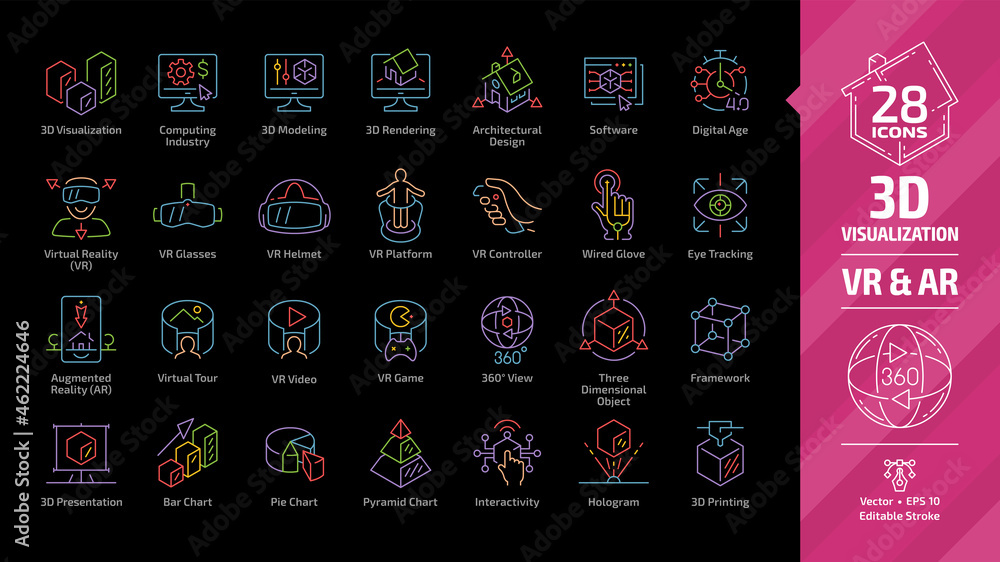 3D visualization outline color icon set in dark mode with virtual ...