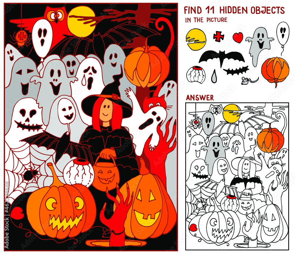 Halloween Puzzle Hidden items for kids. Find 11 hidden objects in the ...