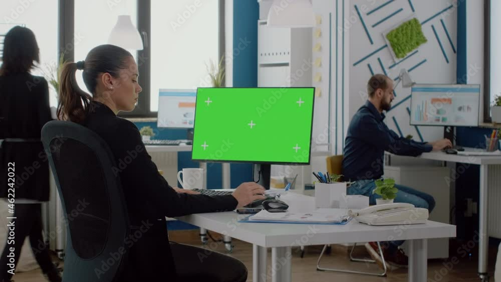 Vidéo Stock Corporate employee using computer with horizontal green ...