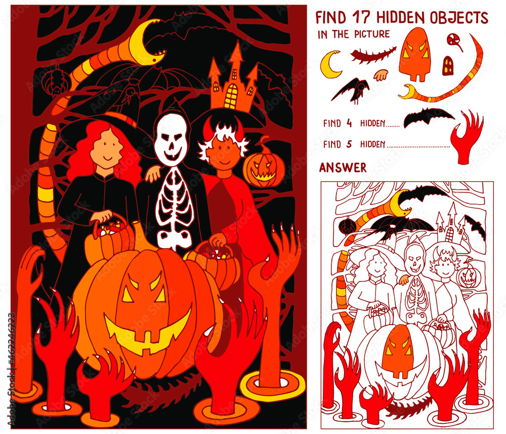 Halloween Puzzle Hidden items for kids. Find 17 hidden objects in the ...