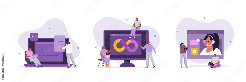 Developers, DevOps and technical support teams working together to build an engineering system ...