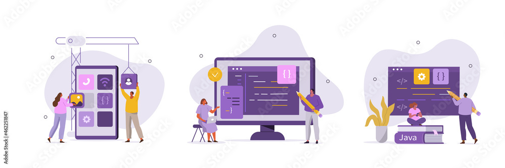 Development and programming scenes. Developers team programming code ...