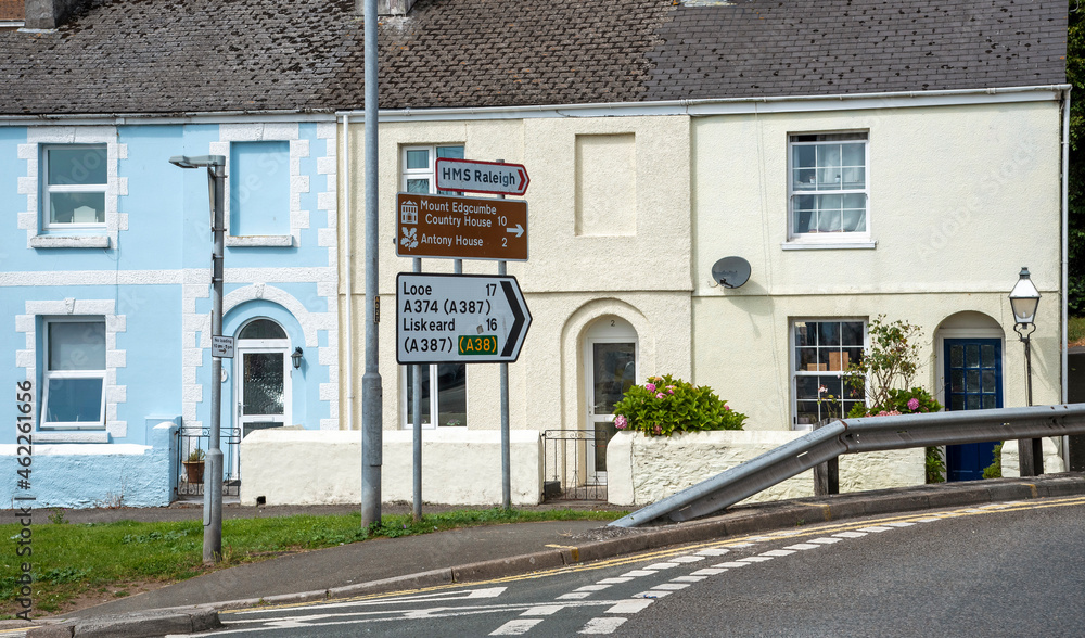 Torpoint, Cornwall, England, UK. 2021. Terraced houses, safety barrier ...