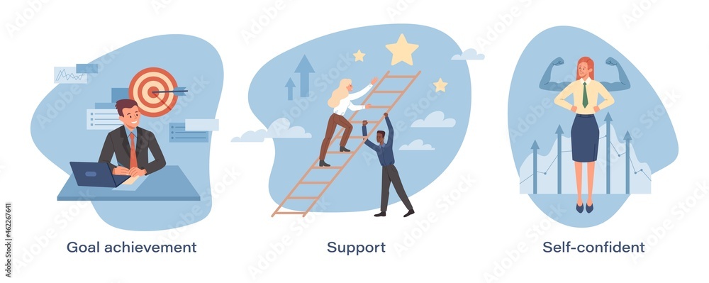 Set of motivation. Collection of pictures where people strive for dream ...