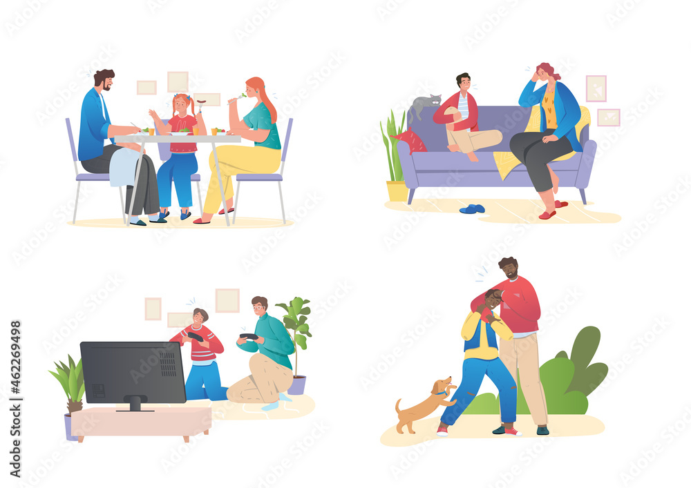 Set of happy family. Collection of images with father, mother, daughter ...