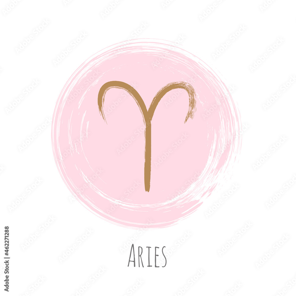 Round rosy pink gold Aries zodiac symbol vector, hand painted coral ...