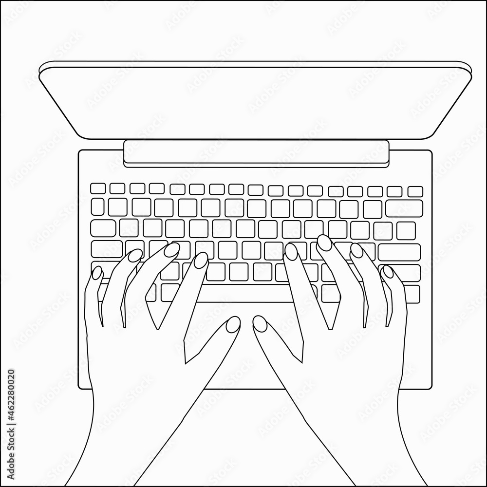 Black and white vector illustration. Hands on the laptop keyboard ...