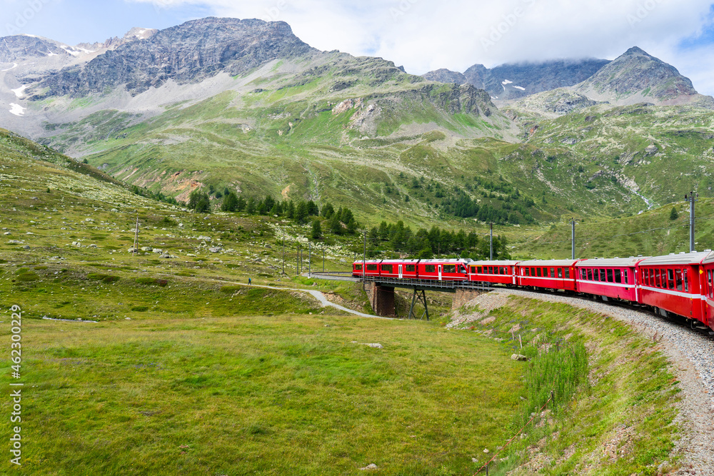 red train of bernina in switzerland Stock Photo | Adobe Stock