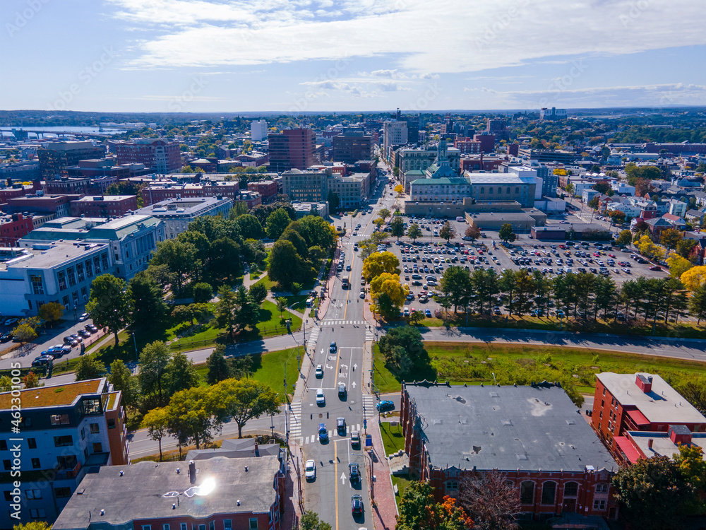 Aerial view of Portland historic downtown skyline on Congress Street ...