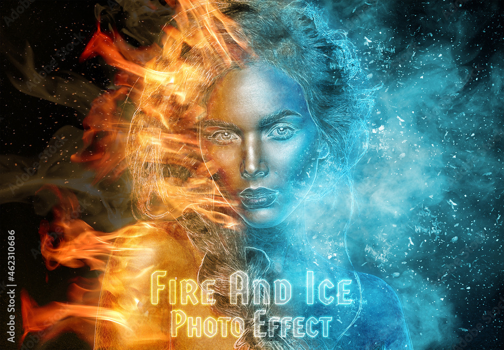 Burning Fire and Frozen Ice Photo Effect Mockup Stock Template | Adobe ...