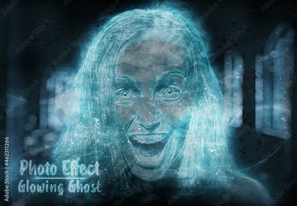 Ghost Glowing Blue Photo Effect Mockup Stock Template | Adobe Stock