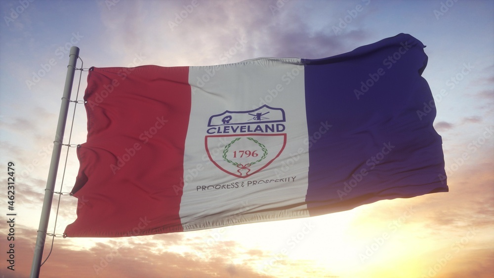 Flag of Cleveland, city of Ohio waving in the wind, sky and sun ...