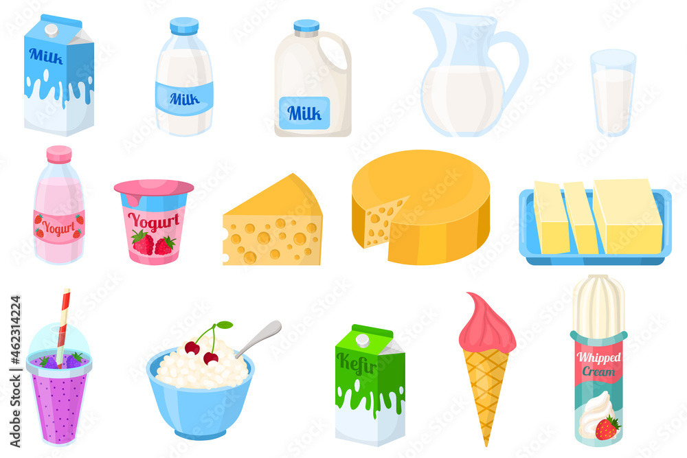 Cute cartoon dairy products set in flat style isolated on white ...