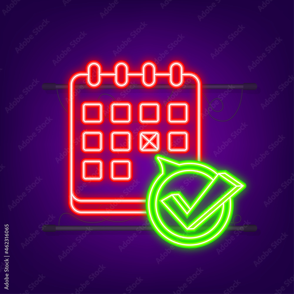 Calendar with checkmark or tick. Neon icon. Approved or schedule date ...