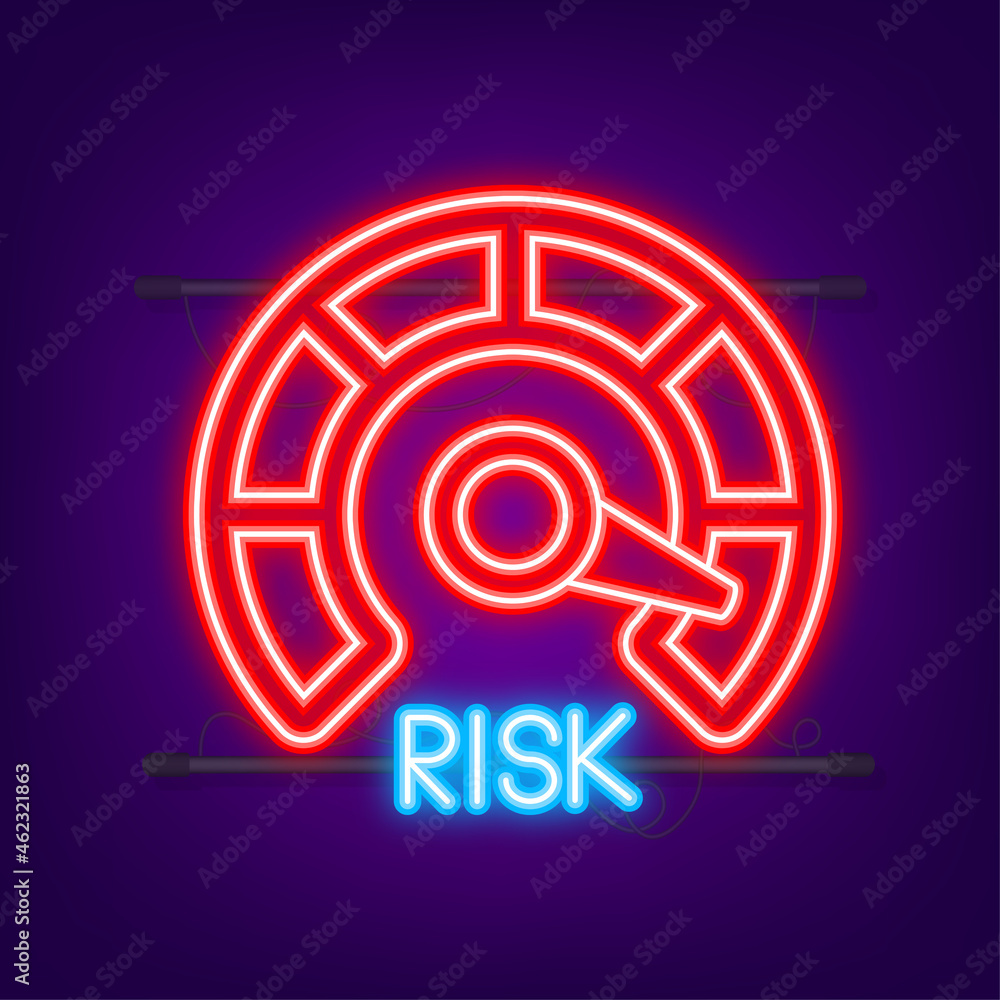 Risk icon on speedometer. Neon icon. High risk meter. Vector ...