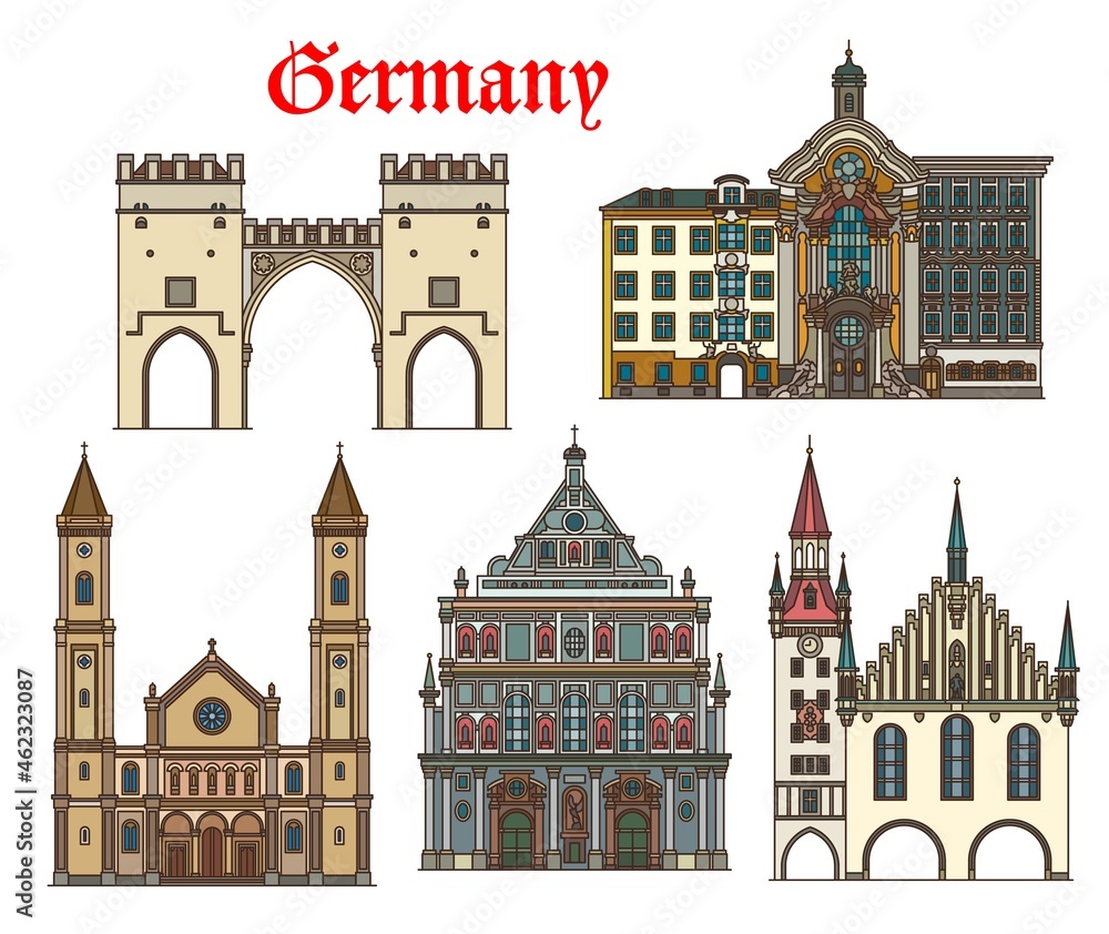 Germany architecture, Munich buildings and travel landmarks, vector ...
