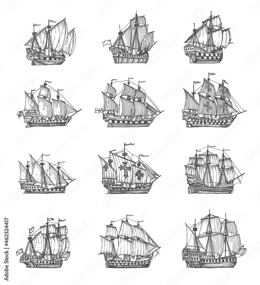 Vintage pirate sail ships and sailboats. Medieval caravel, frigate ...