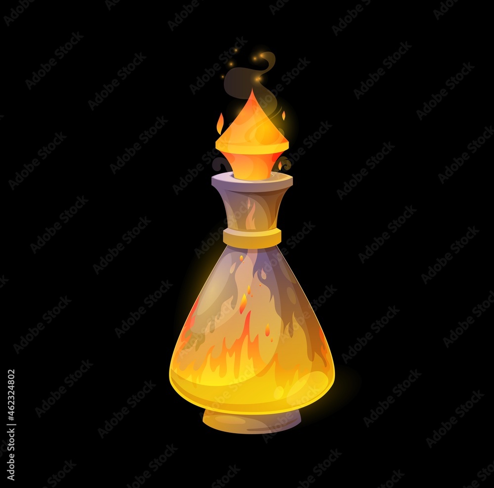 Glass potion bottle with fire, orange flames raging in flask. Vector ...