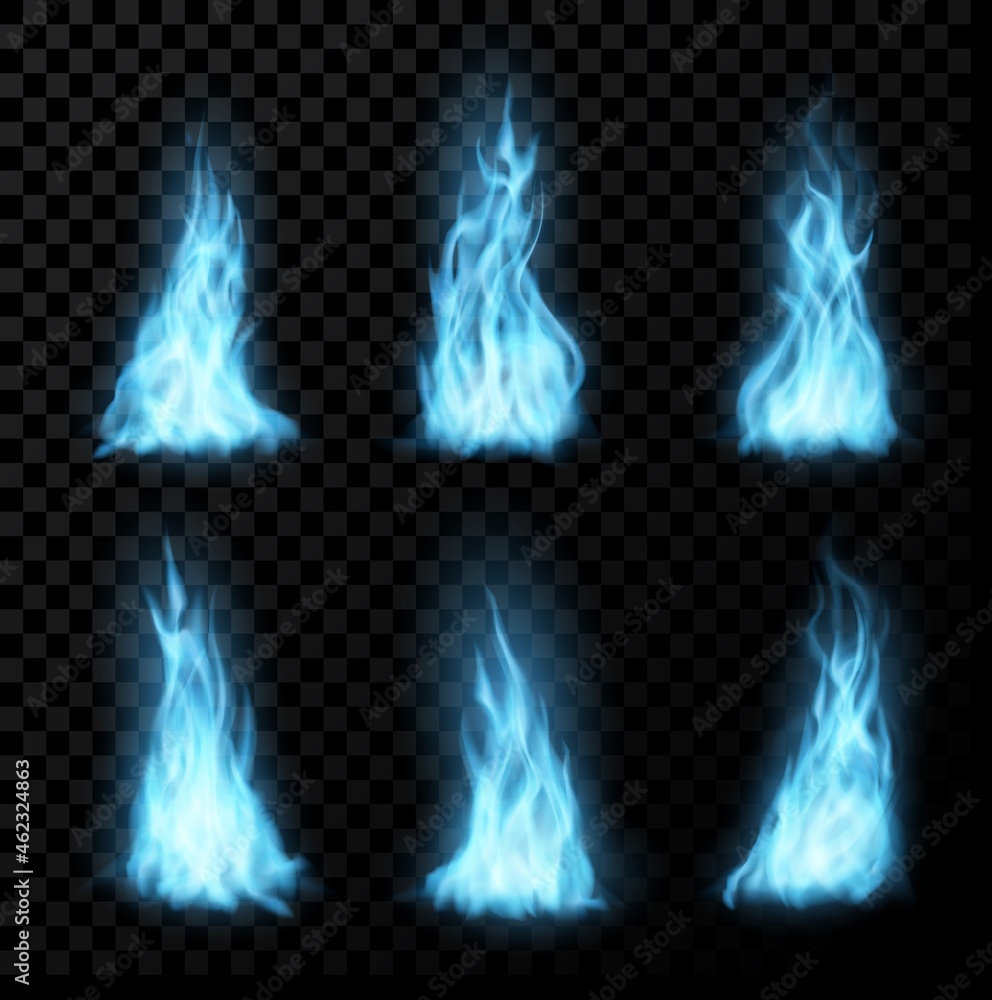 Burning natural gas blue flames. Realistic vector fire of fireplace ...