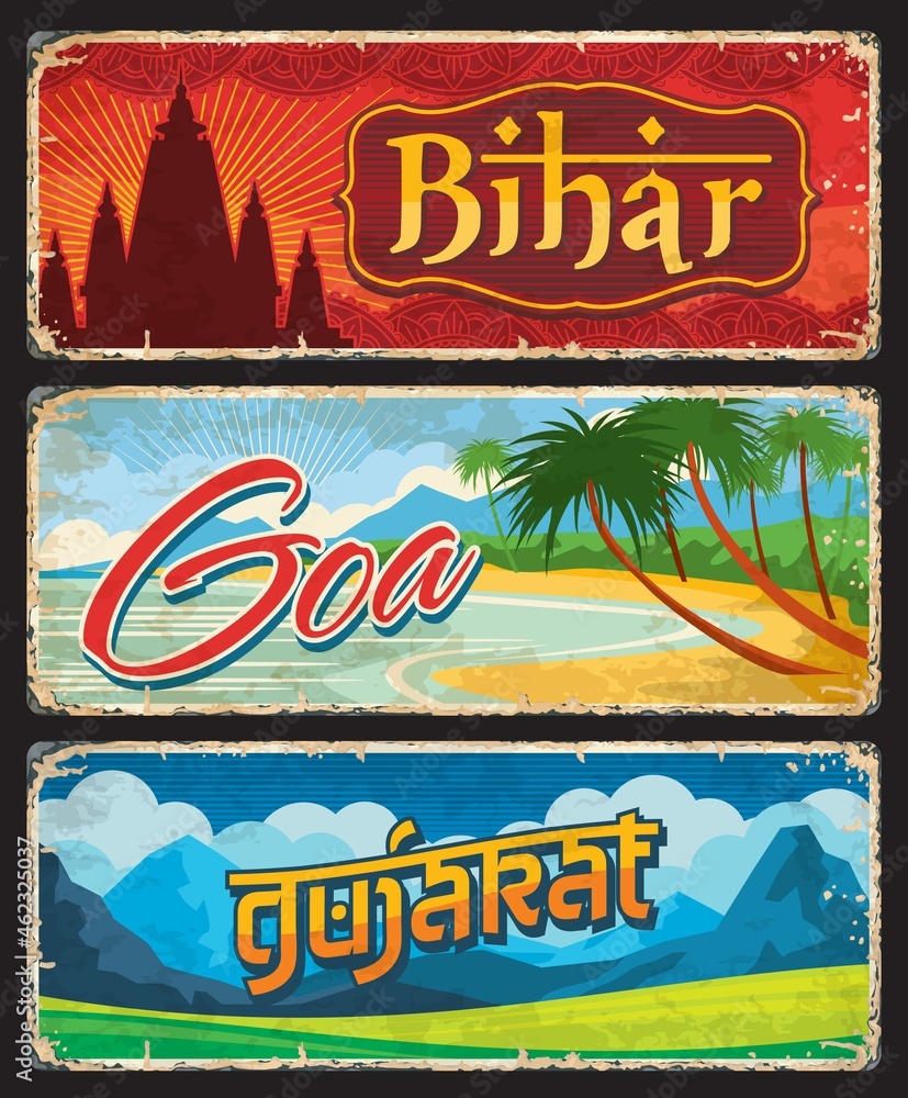 Goa, Gujarat and Bihar, India states tin sings or Indian regions vector ...