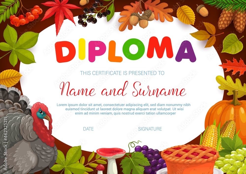 Kids diploma thanksgiving turkey, autumn harvest and leaves ...