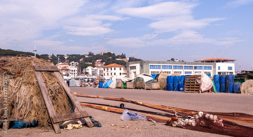 fishing nets on the ground in fishing port to fix and retrieve Stock ...