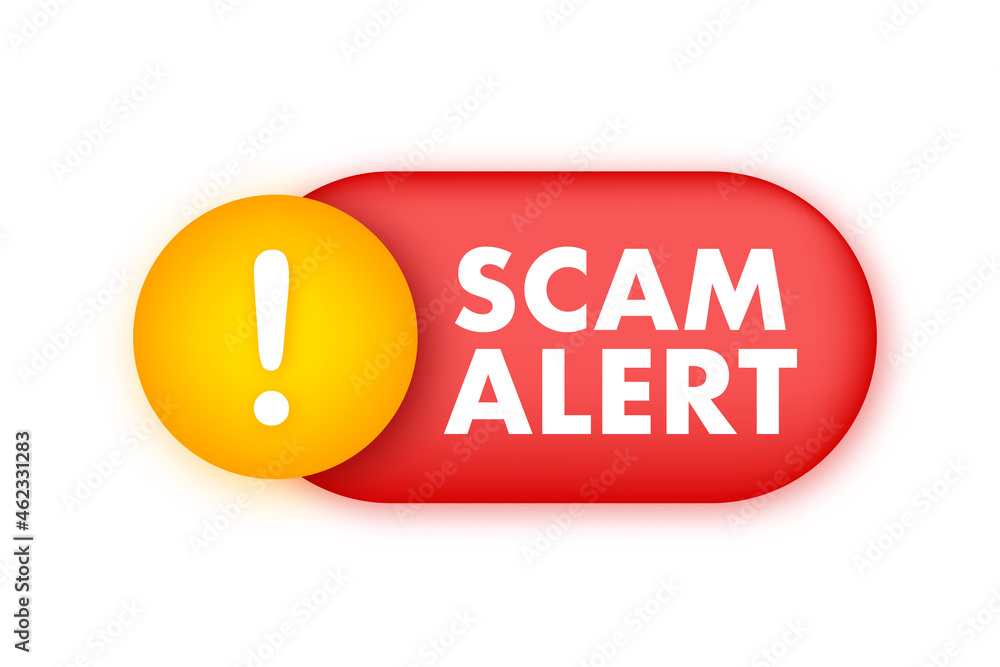 Banner with red scam alert. Attention sign. Cyber security icon ...