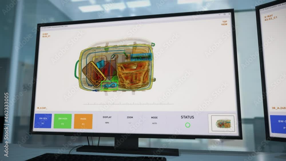 Suitcase Scan At Airport In Advanced Computer Software Analyzing Objects In Baggage. X-Ray ...