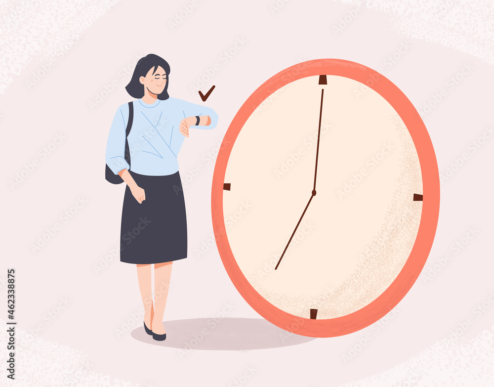 happy women check the watch. Good time management, scheduling concept ...