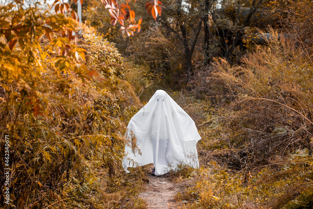Little girl dressed as a Halloween ghost. Child is having fun on ...