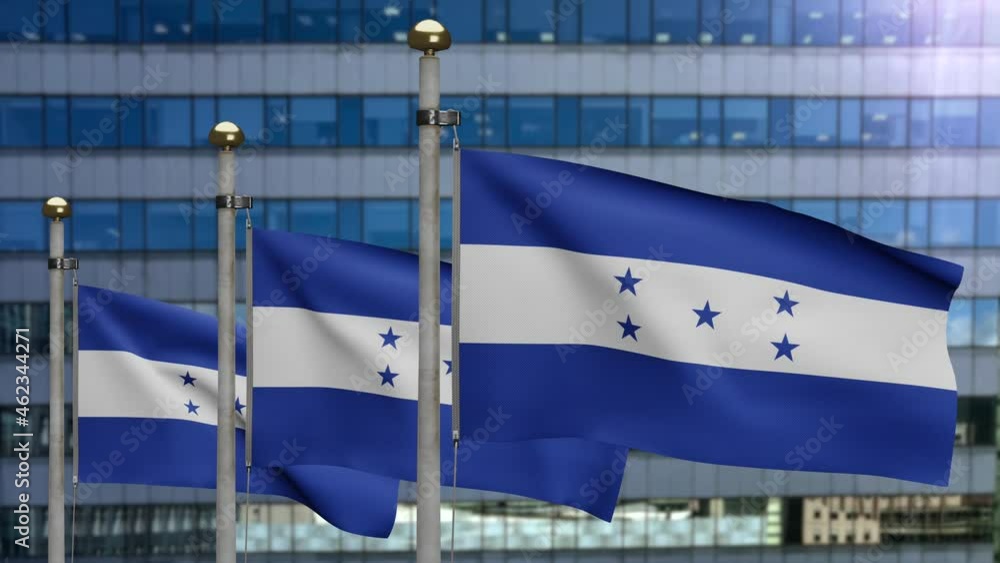 3D, Honduran flag waving on wind with modern skyscraper city. Close up ...