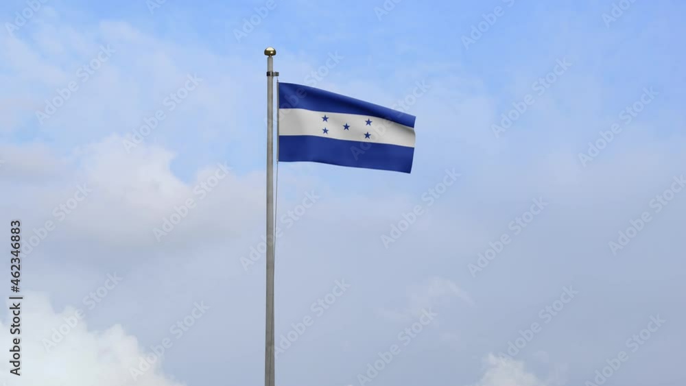 3D, Honduran flag waving on wind with blue sky and clouds. Honduras ...