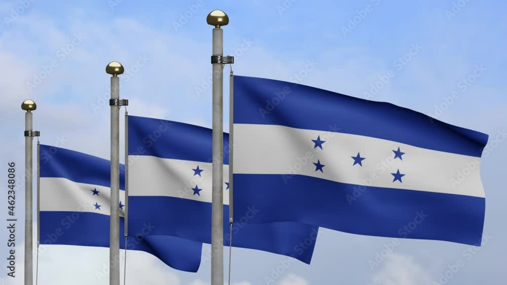3D, Honduran flag waving on wind with blue sky and clouds. Honduras ...