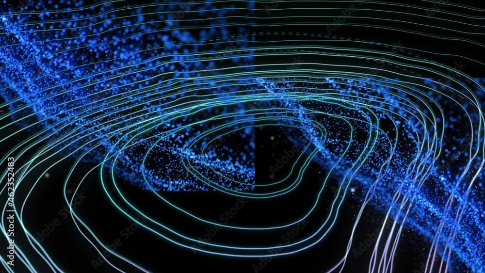 Animation of blue wave over white moving map of lines on black ...