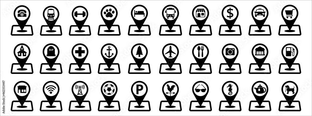 Travel and destination pin icon set. Map pin marker in the city ...