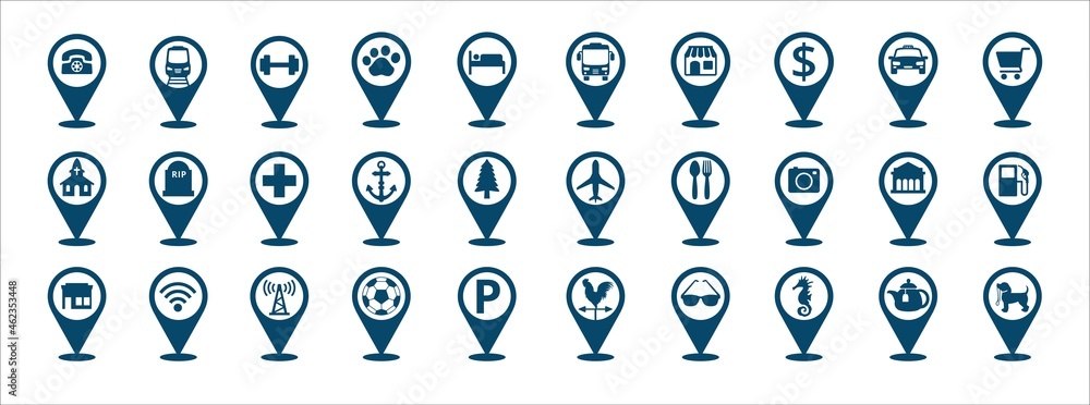 Travel and destination pin icon set. Map pin marker in the city ...
