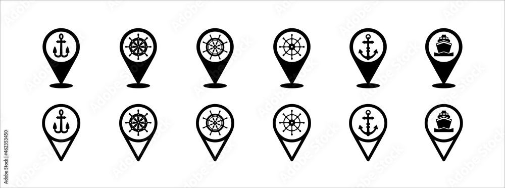 Harbor map pin icon set. Ship dock location pin map marker icons set ...